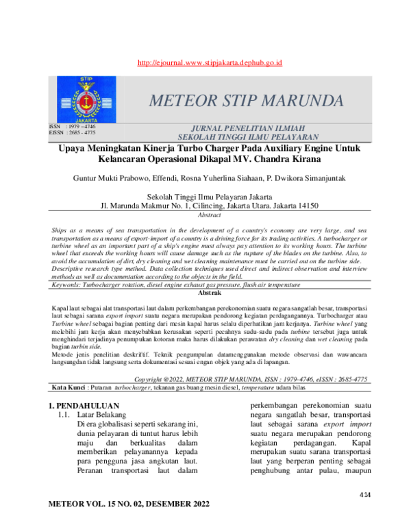 (PDF) Upaya Meningkatan Kinerja Turbo Charger Pada Auxiliary Engine Untuk Kelancaran Operasional ...