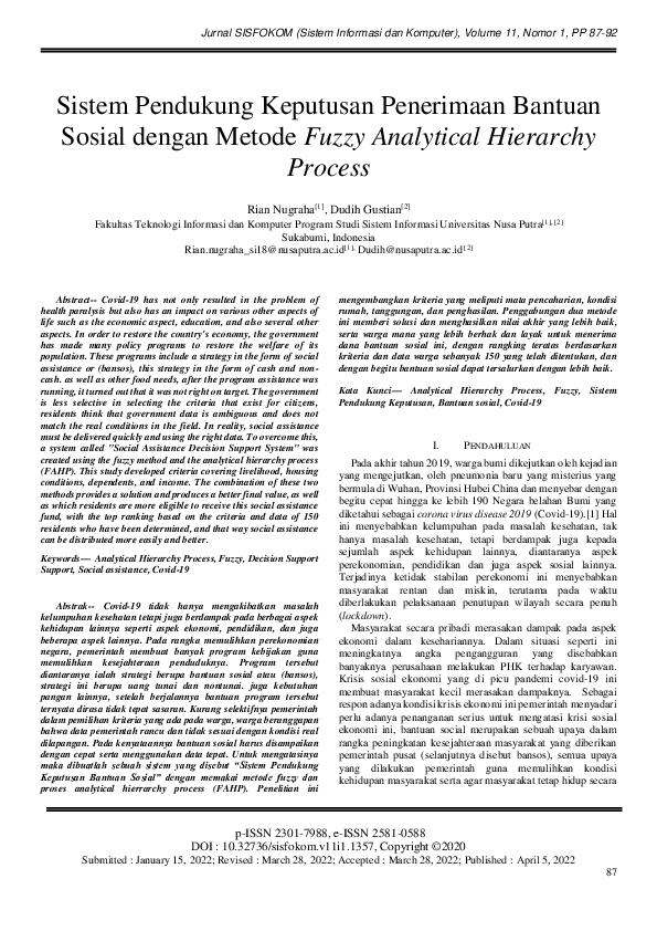 (PDF) Sistem Pendukung Keputusan Penerimaan Bantuan Sosial dengan Metode Fuzzy Analytical ...