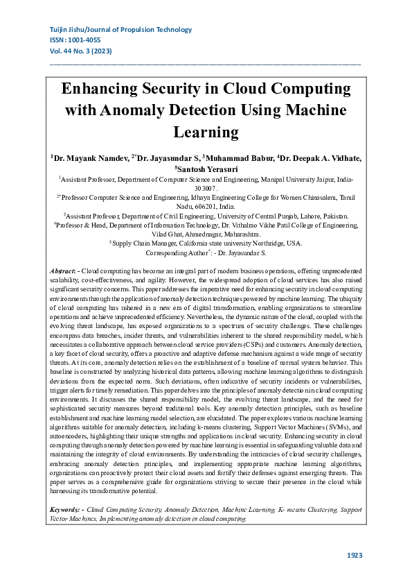 Pdf Enhancing Security In Cloud Computing With Anomaly Detection Using Machine Learning