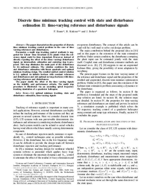 (PDF) Discrete time minimax tracking control with state and disturbance estimation II: Time ...