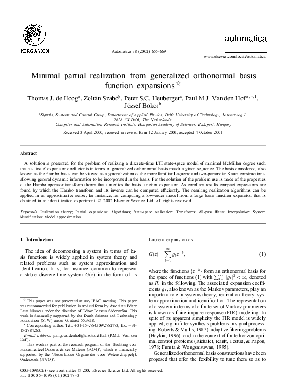 (PDF) Minimal partial realization from generalized orthonormal basis function expansions