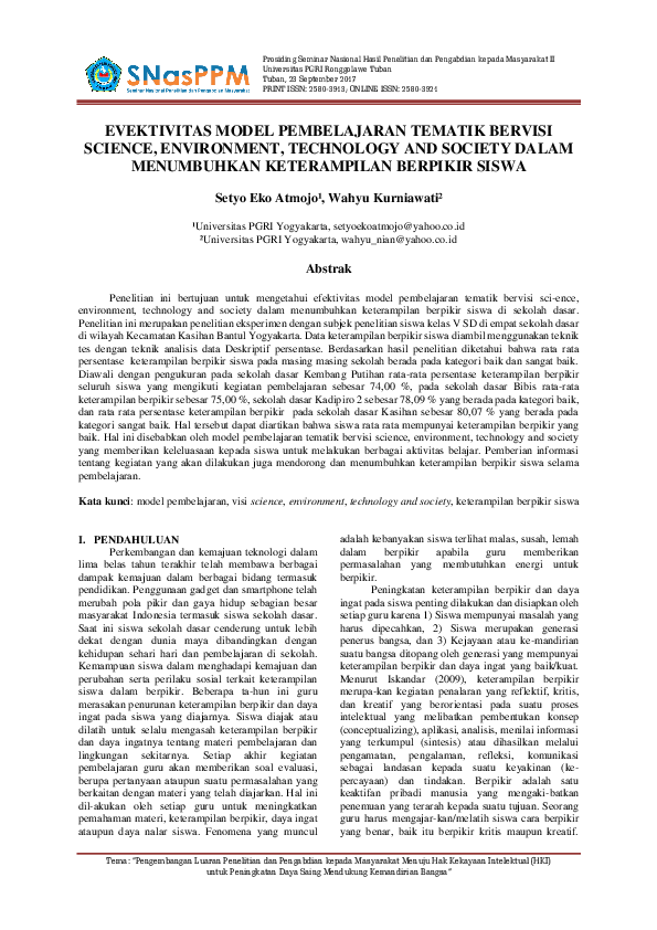 (PDF) Evektivitas Model Pembelajaran Tematik Bervisi Science, Environment, Technology and ...