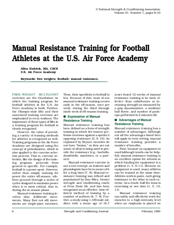 (PDF) Manual Resistance Training for Football Athletes at the U.S. Air ...