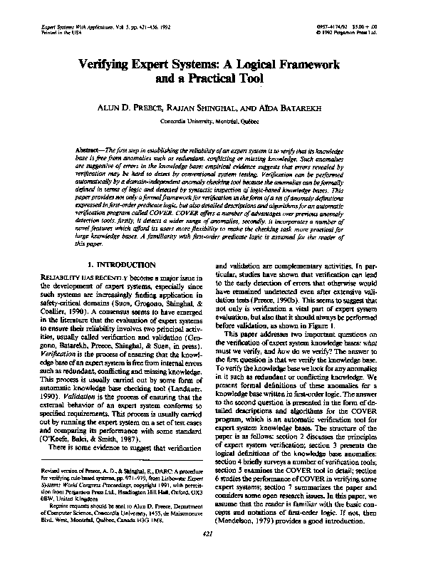 (PDF) Verifying expert systems: A logical framework and a practical tool