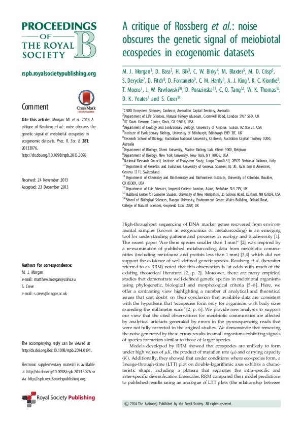 (PDF) A critique of Rossberg et al. : noise obscures the genetic signal ...