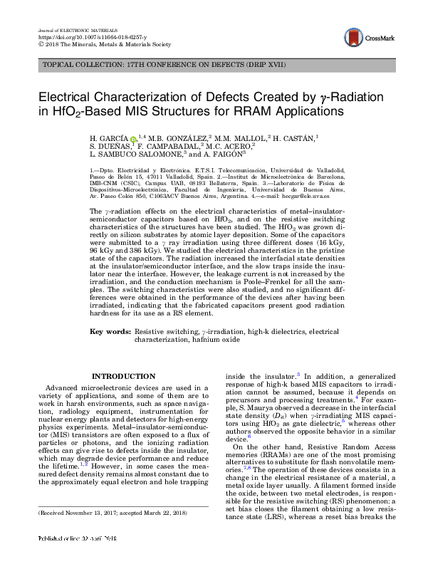 (PDF) Electrical characterization of defects created in the Si-SiO2 system by ionizing radiation