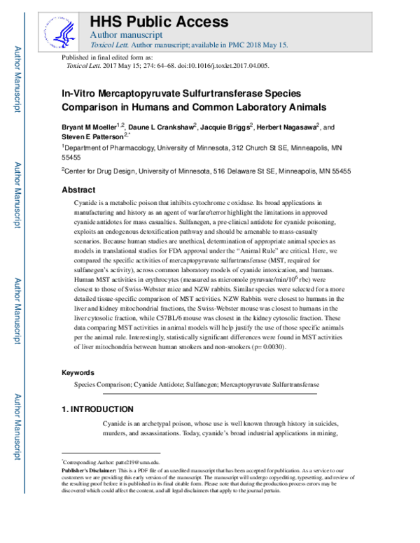 (PDF) In-vitro mercaptopyruvate sulfurtransferase species comparison in ...