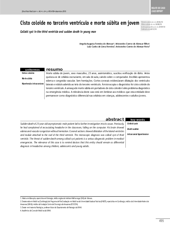 (PDF) Cisto coloide no terceiro ventrículo e morte súbita em jovem