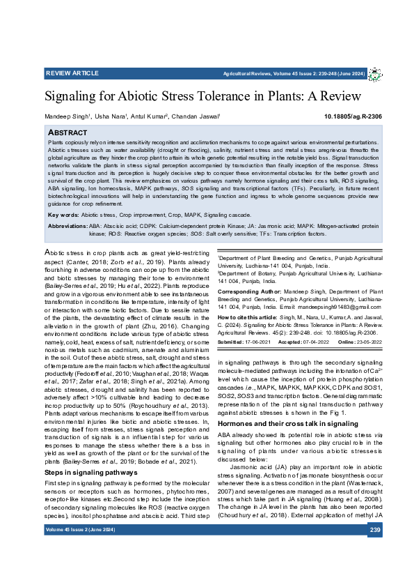 (PDF) Signaling for Abiotic Stress Tolerance in Plants: A Review