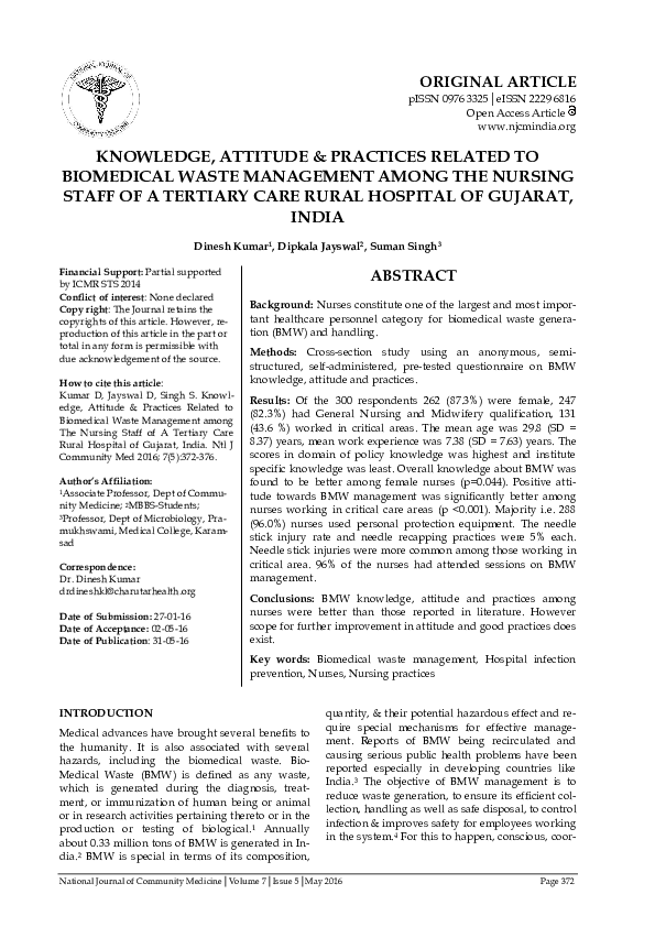 (PDF) KNOWLEDGE, ATTITUDE & PRACTICES RELATED TO BIOMEDICAL WASTE MANAGEMENT AMONG THE NURSING ...