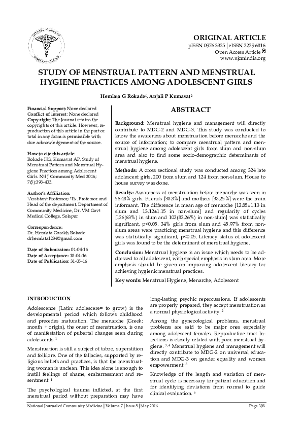 Pdf Study Of Menstrual Pattern And Menstrual Hygiene Practices Among