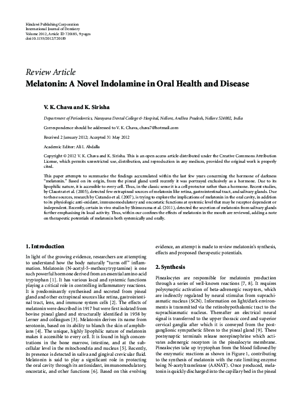 (PDF) Melatonin: A Novel Indolamine in Oral Health and Disease