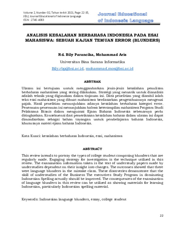 (PDF) Analisis Kesalahan Berbahasa Indonesia Pada Esai Mahasiswa: Sebuah Kajian Temuan Error ...