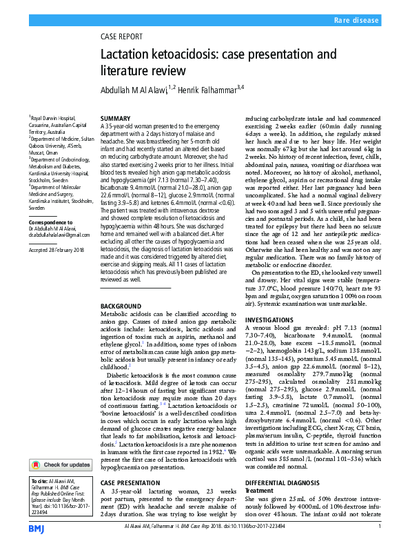 (PDF) Lactation ketoacidosis: case presentation and literature review
