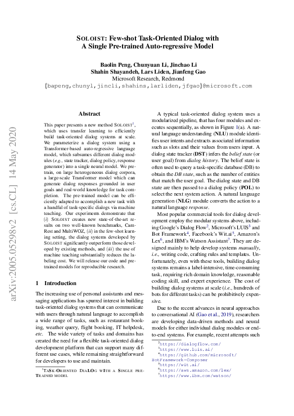 (PDF) SOLOIST: Few-shot Task-Oriented Dialog with A Single Pre-trained Auto-regressive Model
