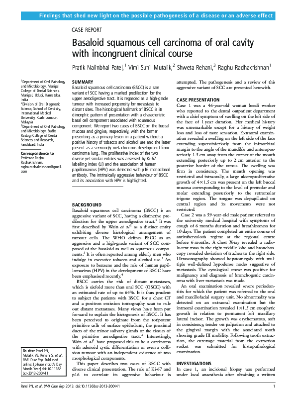 (PDF) Basaloid squamous cell carcinoma of oral cavity with incongruent ...