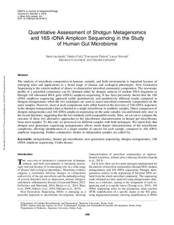 (PDF) Quantitative Assessment of Shotgun Metagenomics and 16S rDNA Amplicon Sequencing in the ...