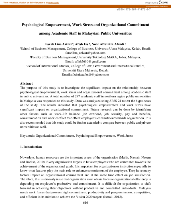 (PDF) Psychological empowerment, work stress and organizational ...