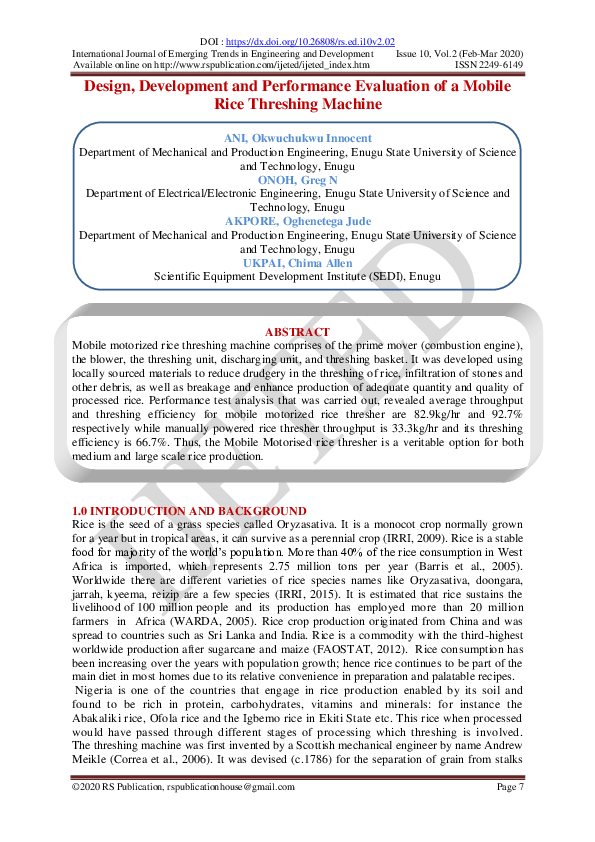 (PDF) Design, Development and Performance Evaluation of a Mobile Rice Threshing Machine