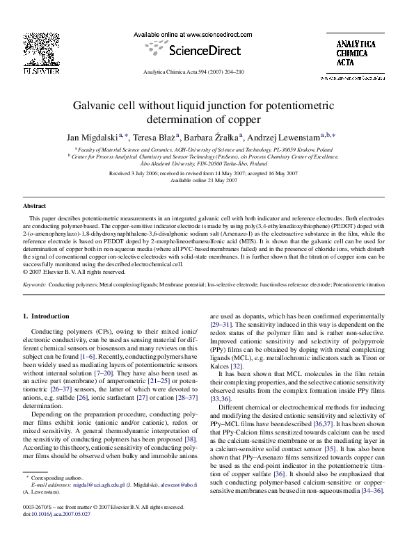 (PDF) Galvanic cell without liquid junction for potentiometric ...