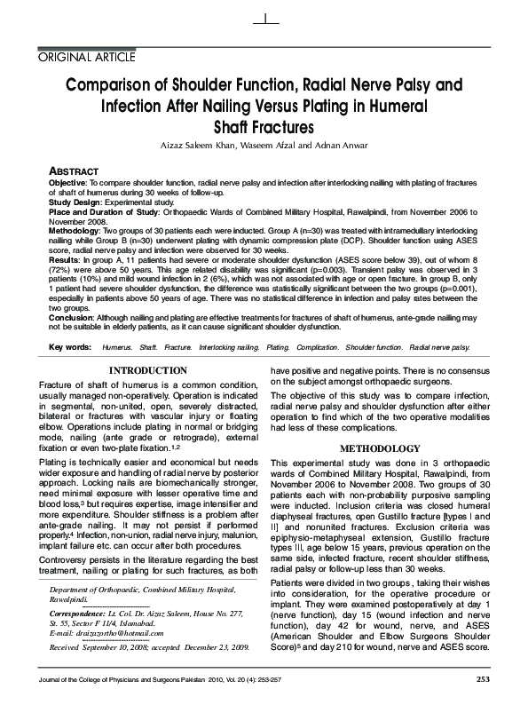 (PDF) Comparison of shoulder function, radial nerve palsy and infection ...