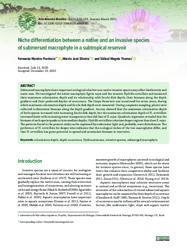 (PDF) Niche differentiation between a native and an invasive species of submersed macrophyte in ...
