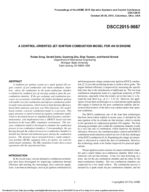 (PDF) A Control-Oriented Jet Ignition Combustion Model for an SI Engine