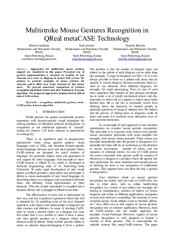 (PDF) Multistroke Mouse Gestures Recognition in QReal metaCASE Technology