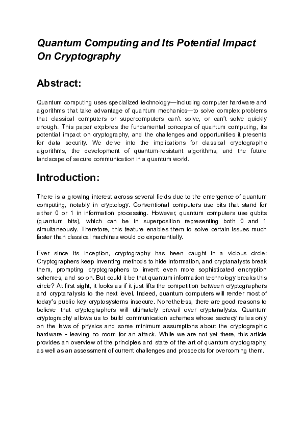 (PDF) Quantum Computing and Its Potential Impact On Cryptography