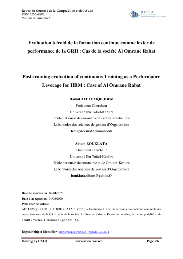 (PDF) Evaluation à froid de la formation continue comme levier de performance de la GRH : Cas de ...