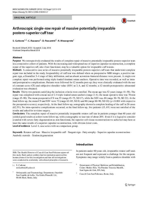(PDF) Arthroscopic single-row repair of massive potentially irreparable ...