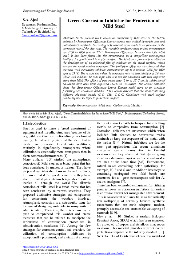 (PDF) Green Corrosion Inhibitor for Protection of Mild Steel