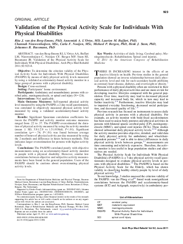 (PDF) Validation of the Physical Activity Scale for Individuals With ...