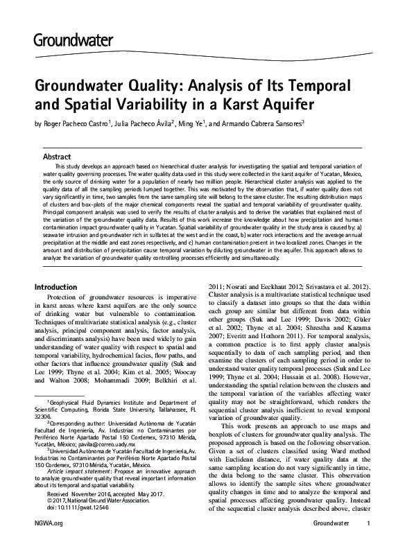 (PDF) Groundwater Quality: Analysis of Its Temporal and Spatial Variability in a Karst Aquifer