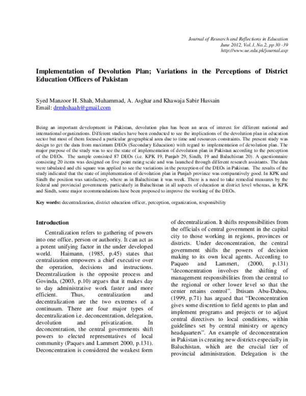 (PDF) Implementation of Devolution Plan; Variations in the Perceptions ...