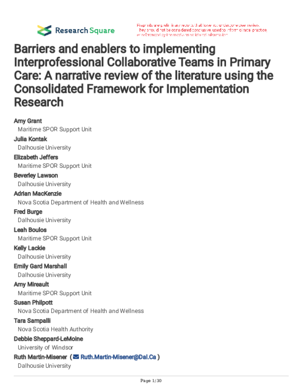 (PDF) Barriers and enablers to implementing Interprofessional Collaborative Teams in Primary ...