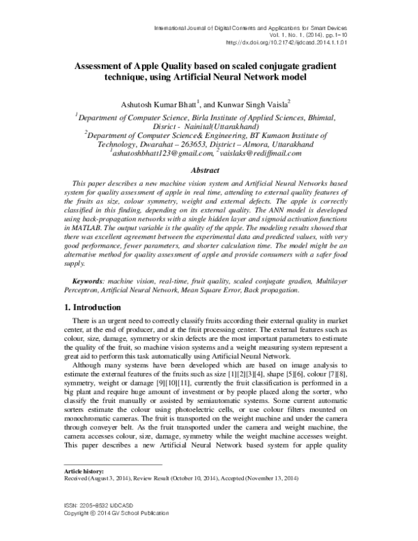 (PDF) Assessment of Apple Quality based on scaled conjugate gradient technique, using Artificial ...