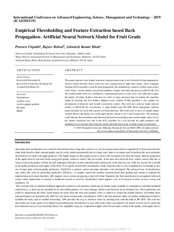 Pdf Empirical Thresholding And Feature Extraction Based Back Propagation Artificial Neural