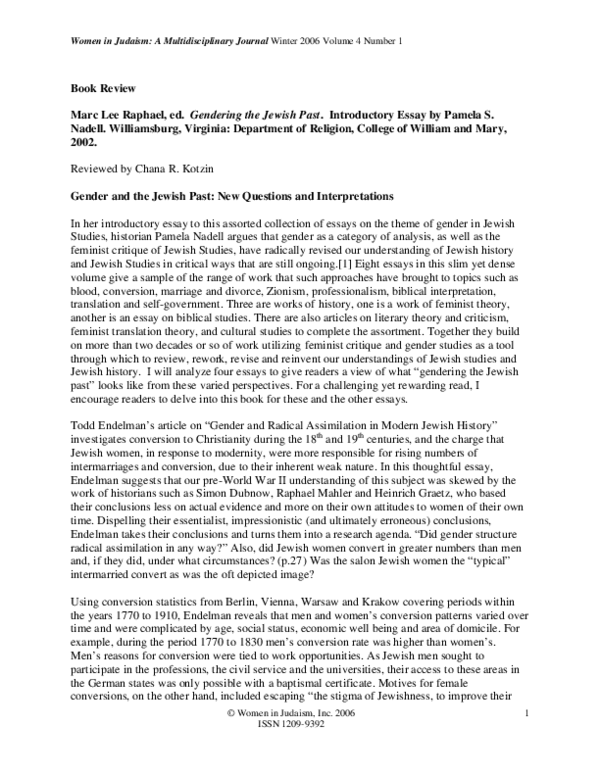 (PDF) Marc Lee Raphael, ed. Gendering the Jewish Past¬. Introductory ...