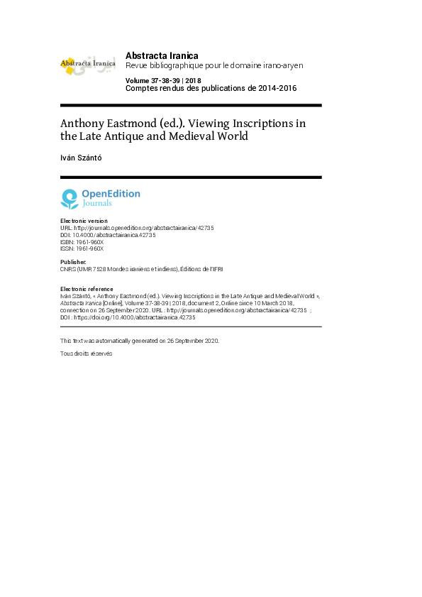 (PDF) Anthony Eastmond (ed.). Viewing Inscriptions in the Late Antique ...