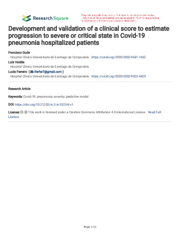 (PDF) Development and validation of a clinical score to estimate ...