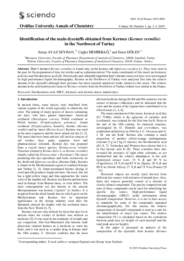 (PDF) Identification of the main dyestuffs obtained from Kermes (Kermes ...