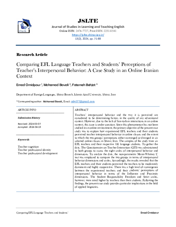 (PDF) Comparing EFL Language Teachers and Students’ Perceptions of Teacher’s Interpersonal ...