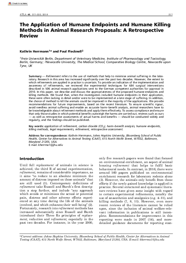 (PDF) The Application of Humane Endpoints and Humane Killing Methods in ...