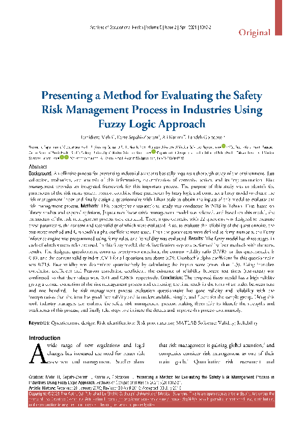 Pdf Presenting A Method For Evaluating The Safety Risk Management