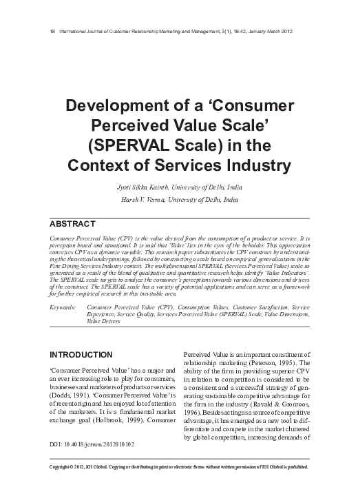 (PDF) Development of a ‘Consumer Perceived Value Scale’ (SPERVAL Scale) in the Context of ...