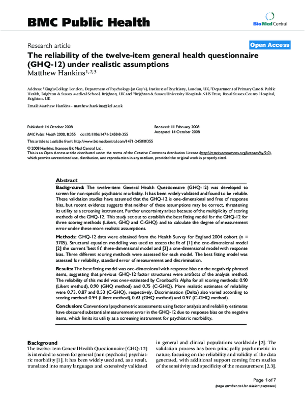 (PDF) The reliability of the twelve-item general health questionnaire (GHQ-12) under realistic ...