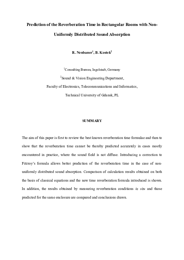 Pdf Estimation Of Reverberation Time In Rectangular Rooms With Non Uniformly Distributed