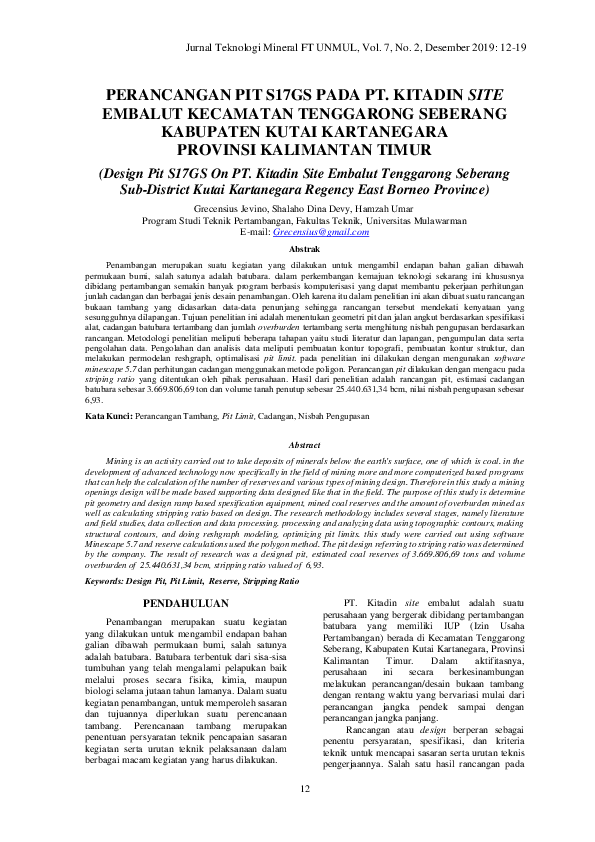 (PDF) Perancangan Pit S17GS Pada Pt. Kitadin Site Embalut Kecamatan ...