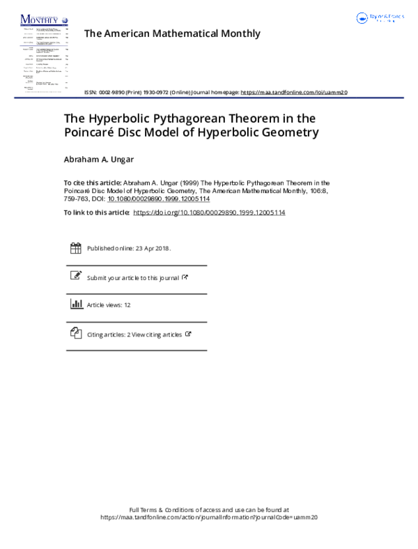(PDF) The Hyperbolic Pythagorean Theorem in the Poincaré Disc Model of ...